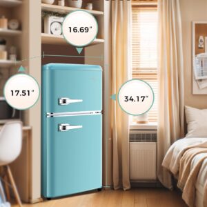 Anypro 3.2 Cu.Ft Compact Refrigerator Mini Fridge with Freezer, Retro Double Door Small Fridge with Freezer, 7 Level Thermostat & Removable Shelves, Small Refrigerator for Dorm, Office, Bedroom, Blue