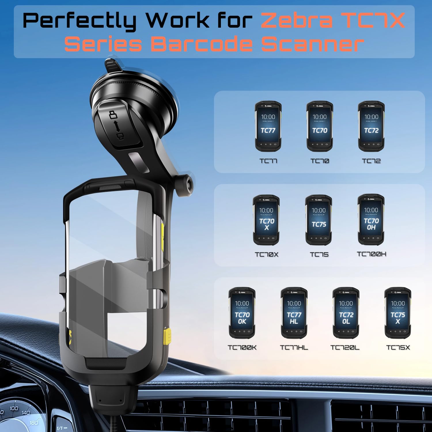 Car Charger for Zebra Symbol TC70 TC72 TC75 TC77 TC70X TC75X TC77HL TC700H TC700K TC720L Barcode Scanner Handheld PDA, Vehicle Holder Mount Scanner Stand Bracket with Cigarette Lighter Charging Cable