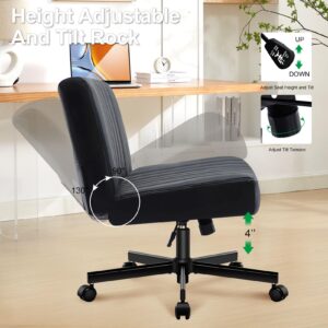 TUKAKA Criss Cross Chair with Wheels,Thick Padded Leather Cross Legged Office Desk Chair with Pocket Spring Cushion,Dual-Purpose Base,Wide Adjustable Computer Home Office Vanity Chair,Black