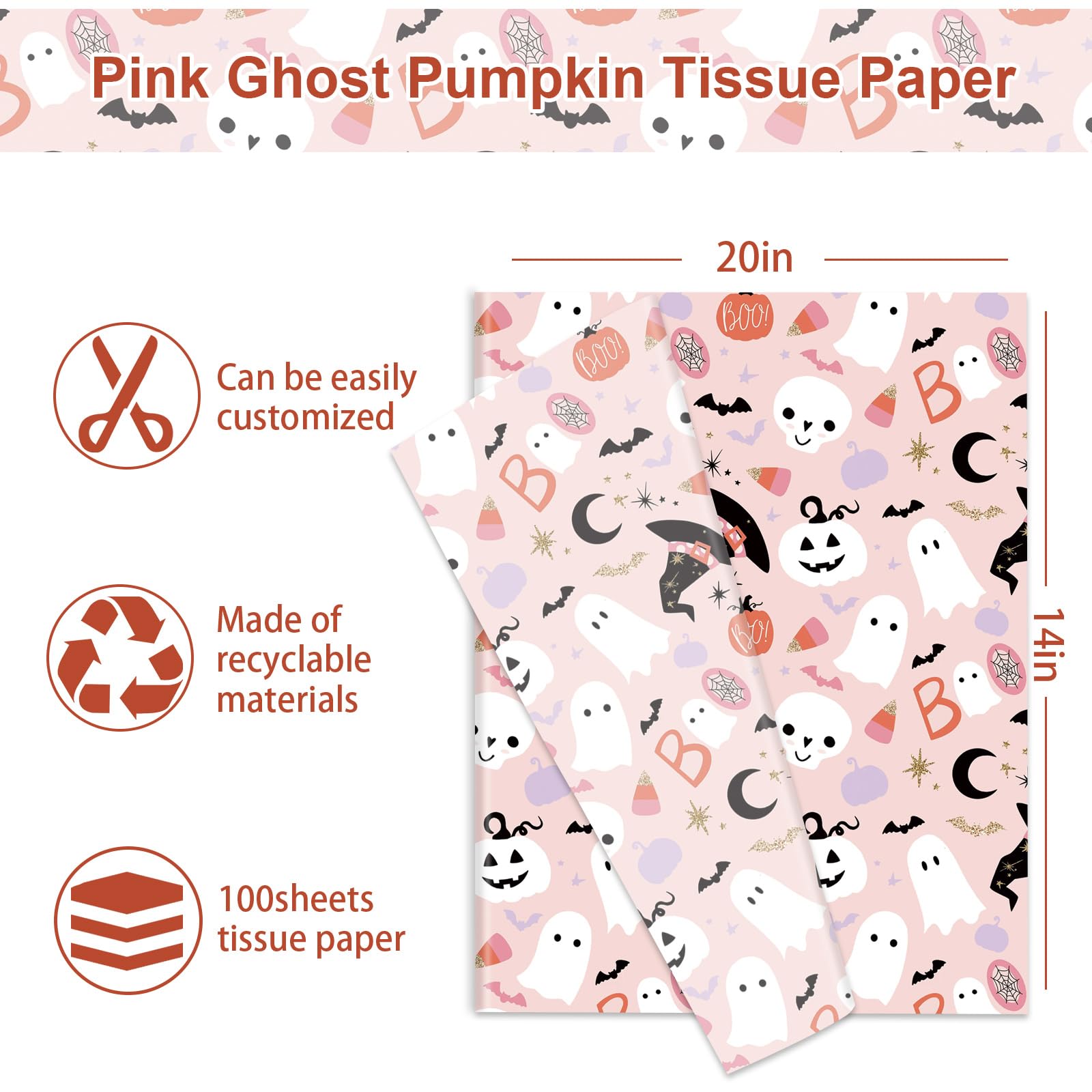 JarThenaAMCS 100 Sheets Halloween Tissue Paper Pink Pumpkin Ghost Boo Gift Wrapping Paper for DIY Art Crafts Birthday Holiday Baby Shower, 14 x 20 Inch