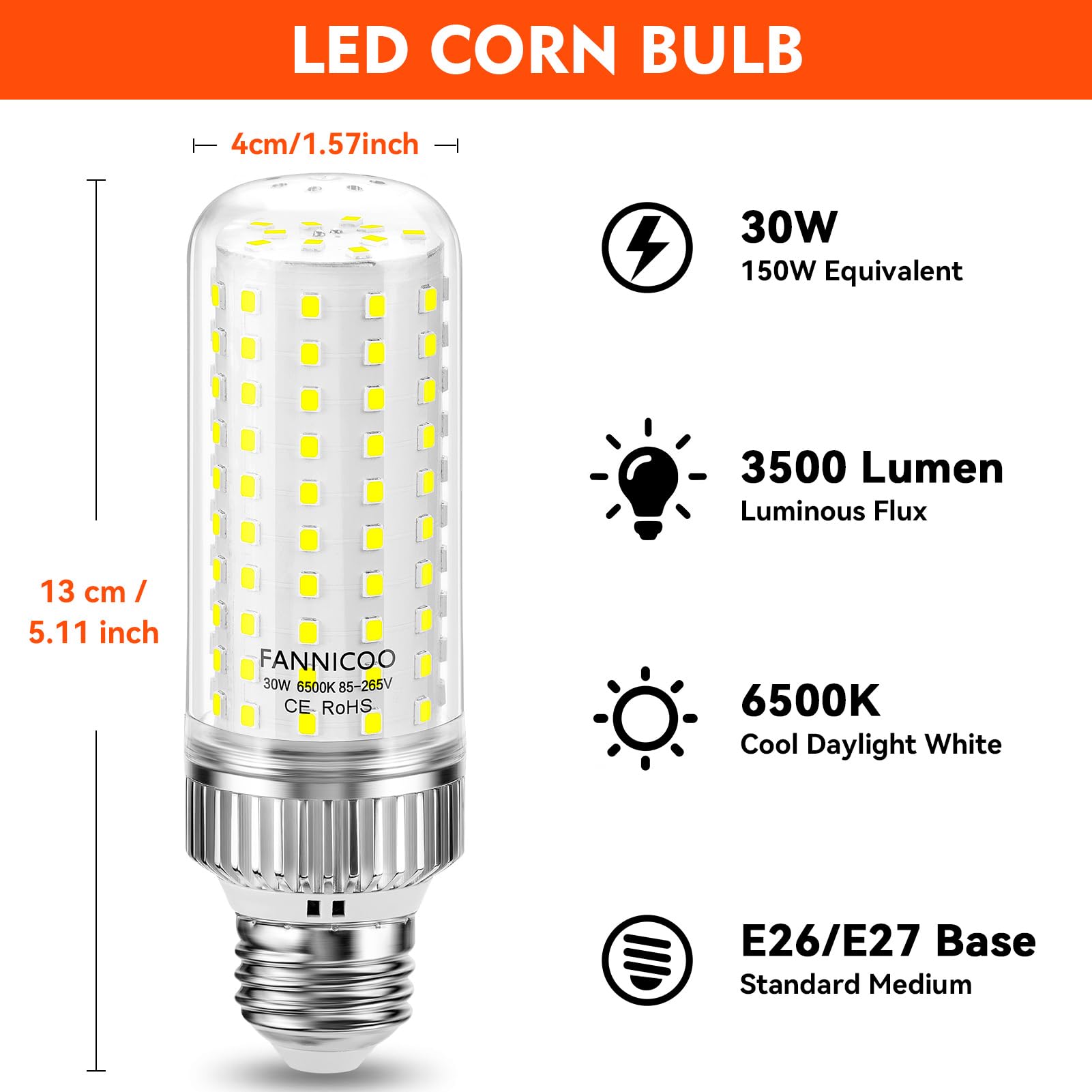 LED Light Bulbs 150W Equivalent LED Bulbs 3500LM 6500K Cool Daylight White 30W E26/E27 Base Ceiling Fan LED Corn Light Bulb for Garage Backyard Warehouse Basement Yard Indoor Outdoor(3 Pack)