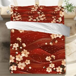 DiuuDi Romantic Blossom Duvet Cover King Size 3D Printed Red Background Wavy Lines Duvet Cover Set White Pink Flowers Festival Gift Comforter Cover Cozy Quilt Cover with 2 Pillowcases