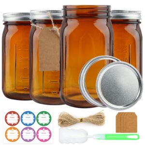 carblin 4 pack mason jars 32 oz, amber wide mouth canning jars with airtight lids, glass pint jars with bands labels brush, large storage quart jars for jam fermenting preserving