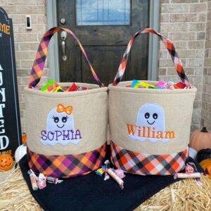 kids halloween basket,personalized embroidered halloween bucket,monogrammed halloween,halloween candy tote,gingham halloween bucket