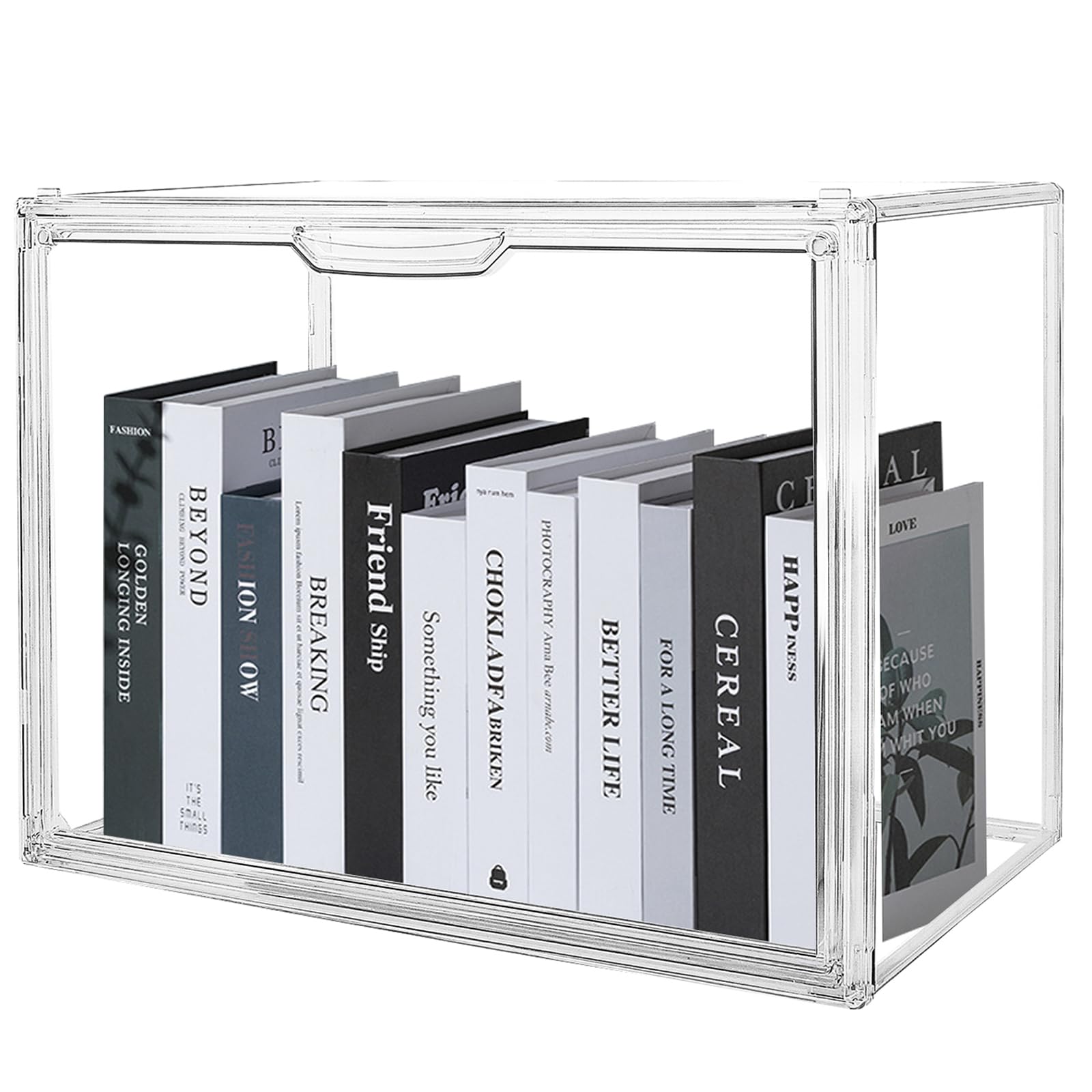 Cutora 2 PACK Clear Book Storage Organizer Stackable Acrylic Book Display Box with Magnetic Door for Bookshelf Easy Assemble Bookcase Containers Display case for Comics Toys Handbags Shoes Purses