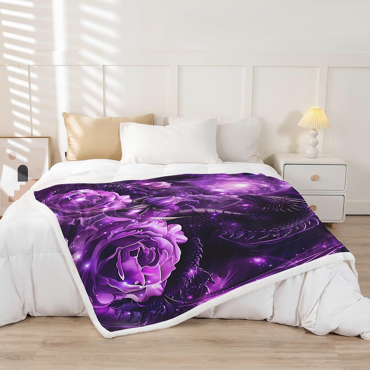 Erosebridal Western Dragon Throw Blanket Queen 90"X90" Purple Rose Flower Fleece Blanket Gothic Galaxy Dragon Sherpa Blanket for Kids Boys Teen Men,Magical Animal Fuzzy Blanket