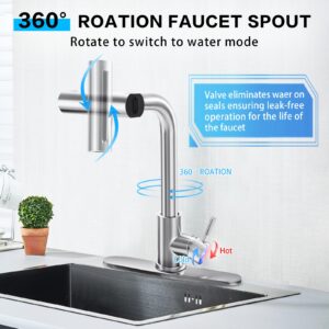 Kitchen Faucets with 4 Modes Pull Down Sprayer, Kitchen Sink Faucet with Soap Dispenser, Stainless Steel Modern Waterfall Faucet for Kitchen Sink, Bar, Laundry, Rv (3/8-Inch Hose)