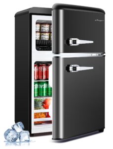 anypro 3.2 cu.ft compact refrigerator mini fridge with freezer, retro double door small fridge with freezer, 7 level thermostat & removable shelves, small refrigerator for dorm, office, bedroom, black