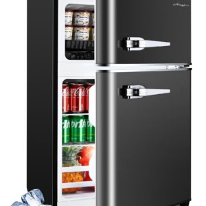 Anypro 3.2 Cu.Ft Compact Refrigerator Mini Fridge with Freezer, Retro Double Door Small Fridge with Freezer, 7 Level Thermostat & Removable Shelves, Small Refrigerator for Dorm, Office, Bedroom, Black