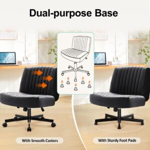 TUKAKA Criss Cross Chair with Wheels,Thick Padded Leather Cross Legged Office Desk Chair with Pocket Spring Cushion,Dual-Purpose Base,Wide Adjustable Computer Home Office Vanity Chair,Black