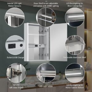 WELLFOR 20" x 30" LED Mirrored Bathroom Cabinet, Mirror Medicine Cabinet with Lights, 8mm Luminous Tempered Glass, Outlets & USB Ports, Single Right Opening Door