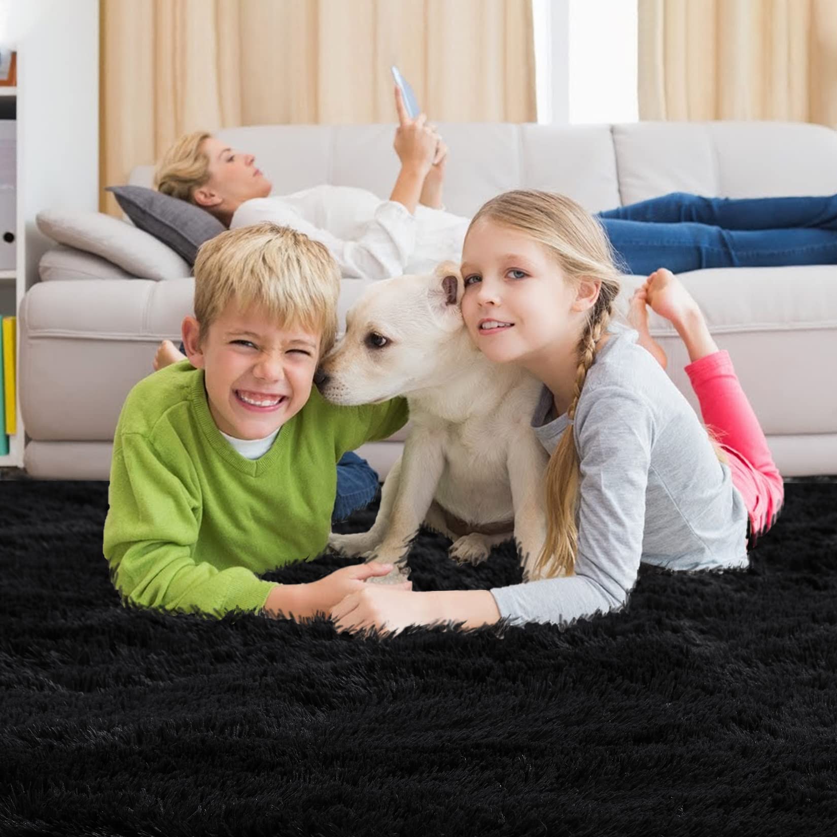 GarveeHome 9x12 Fluffy Rug Extra Large Plush Shag Area Rugs for Living Room, Soft Furry Fur Rugs for Bedroom Non Shedding Fuzzy Accent Rug Carpet Floor Covers for Home Decor, Black