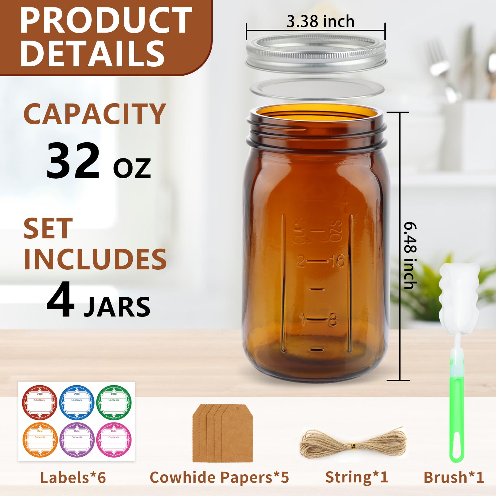 CARBLIN 4 Pack Mason Jars 32 oz, Amber Wide Mouth Canning Jars with Airtight Lids, Glass Pint Jars with Bands Labels Brush, Large Storage Quart Jars for Jam Fermenting Preserving