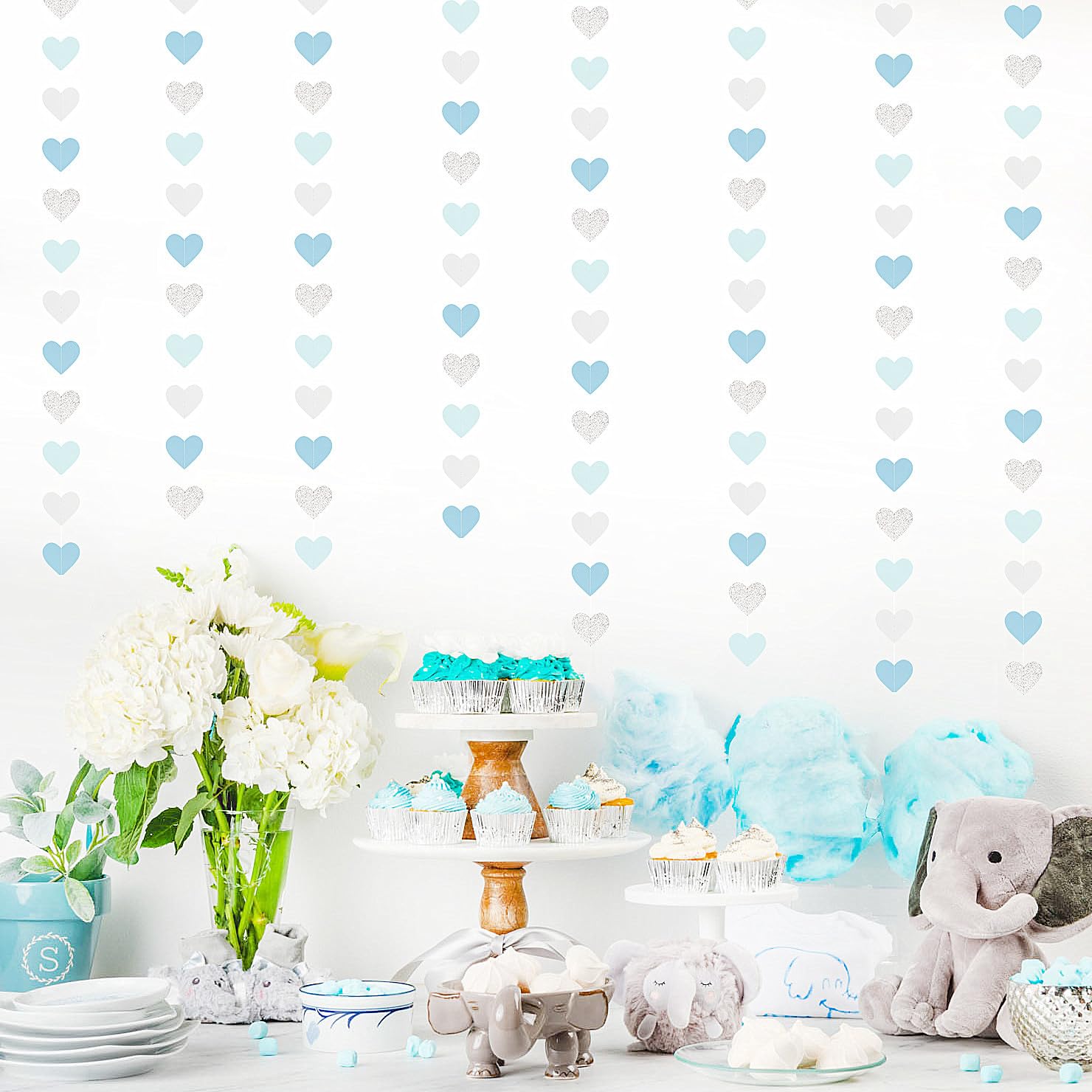 Light-Blue White-Silver Party-Decoration Heart Garland - 52ft Baby Boy Shower Birthday Streamers,Graduation Bachelorette Bridal Christmas Banner Decor Lasting Surprise