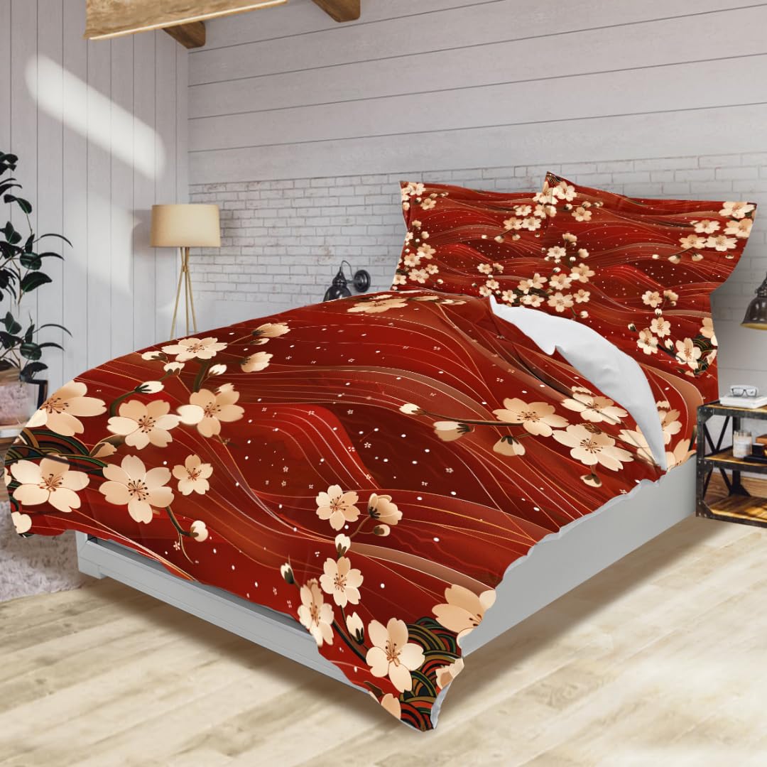 DiuuDi Romantic Blossom Duvet Cover King Size 3D Printed Red Background Wavy Lines Duvet Cover Set White Pink Flowers Festival Gift Comforter Cover Cozy Quilt Cover with 2 Pillowcases