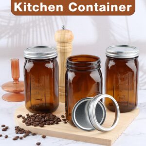 CARBLIN 4 Pack Mason Jars 32 oz, Amber Wide Mouth Canning Jars with Airtight Lids, Glass Pint Jars with Bands Labels Brush, Large Storage Quart Jars for Jam Fermenting Preserving