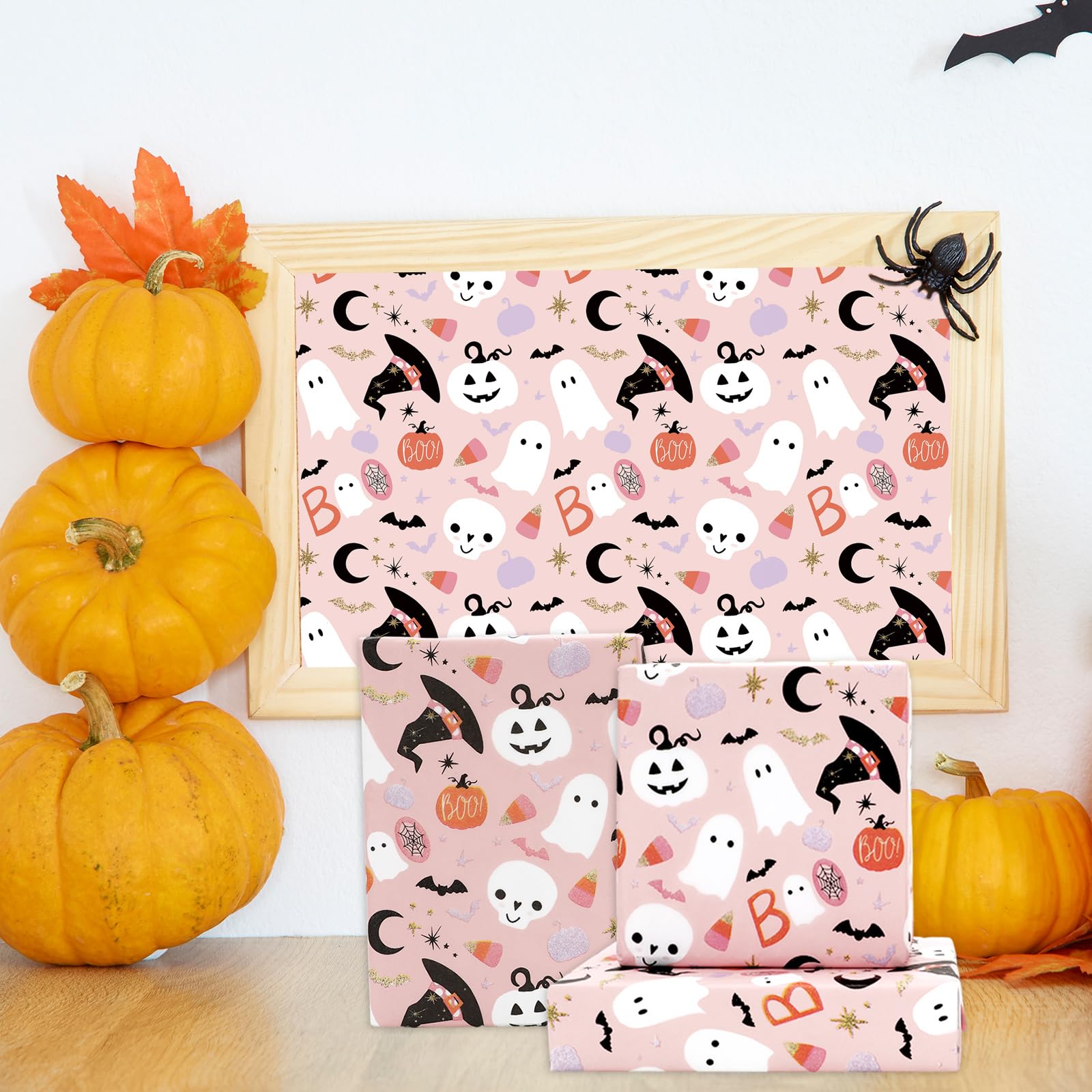 JarThenaAMCS 100 Sheets Halloween Tissue Paper Pink Pumpkin Ghost Boo Gift Wrapping Paper for DIY Art Crafts Birthday Holiday Baby Shower, 14 x 20 Inch