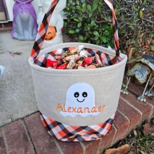 Kids Halloween Basket,Personalized Embroidered Halloween Bucket,Monogrammed Halloween,Halloween Candy Tote,Gingham Halloween Bucket