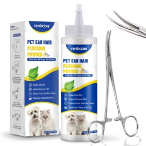 ninibabie updated dog ear powder for hair removal,ear powder for dogs plucking with 5.5inch hemostat locking forceps curved, removing earwax and odor