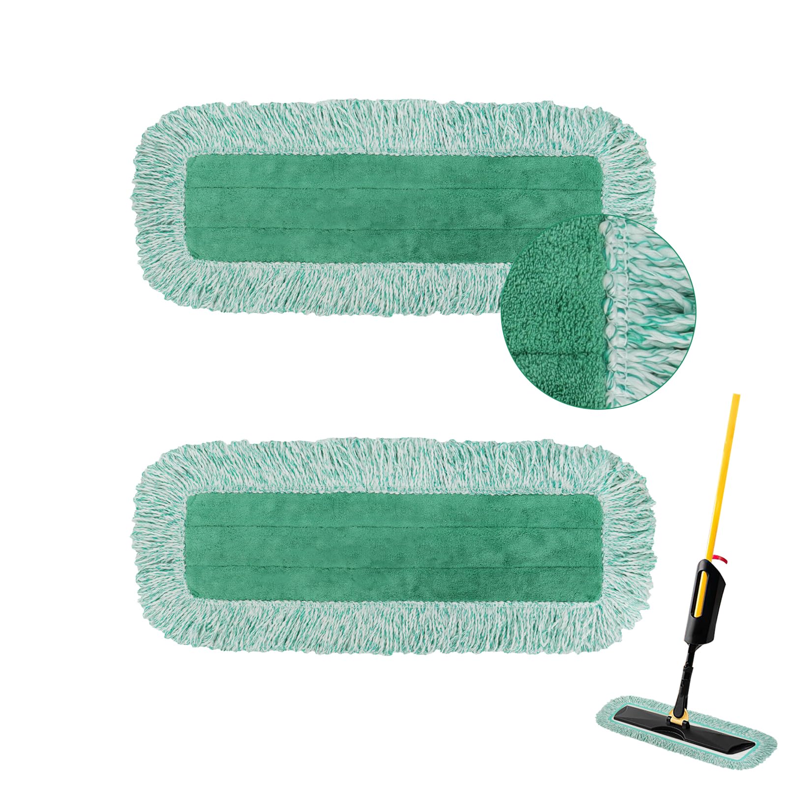 Commercial Products Dust Pad with Fringe for Rubbermaid: 18 Inch Green Microfiber Dust Mop Refills Heavy-Duty Cleaning for Hardwood/Tile/Laminated Floors in Kitchen/Lobby/Office (2 Counts)