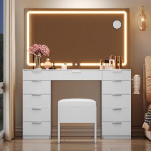 DWVO Dressing Vanity Desk with Spacious LED-Lit Mirror & Electrical Socket, 11-Drawer Cosmetic Makeup Table with Magnifier, 46'' Dressing Table with Organizing Stool for Bedroom, Ivory