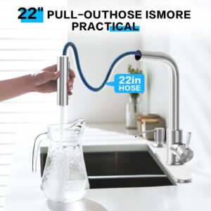 Kitchen Faucets with 4 Modes Pull Down Sprayer, Kitchen Sink Faucet with Soap Dispenser, Stainless Steel Modern Waterfall Faucet for Kitchen Sink, Bar, Laundry, Rv (3/8-Inch Hose)