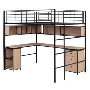 Harper & Bright Designs Full Size Metal Loft Bed with Desk, Bookcase and Storage Cabinet, Modern Heavy-Duty Steel Frame, for Kids Teens Adults (Black)