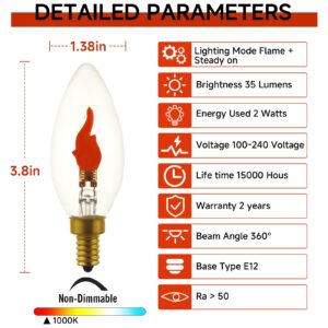 XIAOKALAMI LED Flame Effect Light Bulb E12 Flickering Candle Light Bulbs Crystal Clear Candle Bulb for E12 Edison Base for Chandelier Vintage Christmas Light Bulbs Party 2pack (Red Light Two Mode)