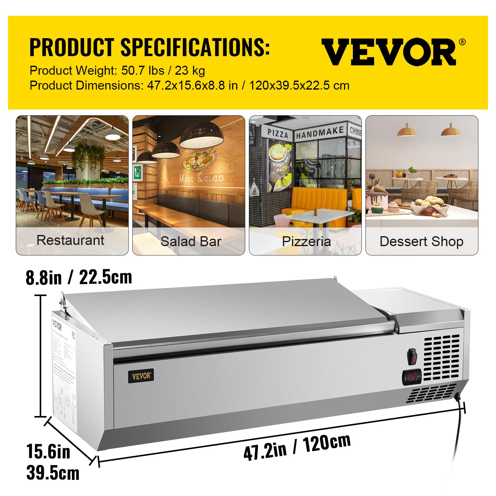 VEVOR Refrigerated Condiment Prep Station, 48-Inch, 10.8Qt Sandwich/Salad Prep Table with 2 1/3 Pans & 4 1/6 Pans, 150W Salad Bar with 304 Stainless Body and Cover Temp Adjuster One-Click Defrosting