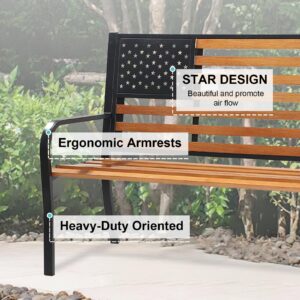 QUYZE 50”Outdor Bench, Cast Iron Metal Frame Garden Bench with American Flag Backrest,Thermoplastic Coated Patio Bench Slatted Park Bench for Porch Yard Lawn Deck