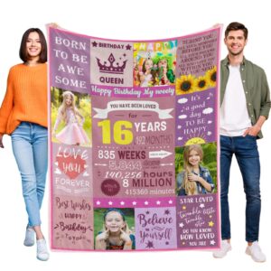 kendt personalized 16th birthday blanket with photos,16 year old birthday gifts for girl,custom 16th birthday gifts for girls, daugther, sister,besties,birthday decorations(pink blanket)