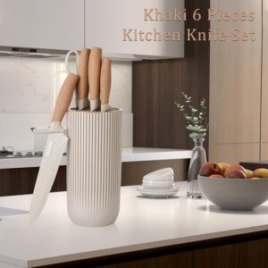 Kitchen Knife Set, 6 Pieces Professional Knife Set with Universal Knife Block, Super Sharp Knife Set with Ergonomic Handle, Non-Stick Stainless Steel Knife Block Set (Khaki)