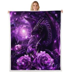 erosebridal western dragon throw blanket queen 90"x90" purple rose flower fleece blanket gothic galaxy dragon sherpa blanket for kids boys teen men,magical animal fuzzy blanket