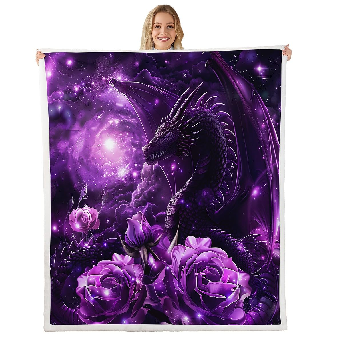 Erosebridal Western Dragon Throw Blanket Queen 90"X90" Purple Rose Flower Fleece Blanket Gothic Galaxy Dragon Sherpa Blanket for Kids Boys Teen Men,Magical Animal Fuzzy Blanket