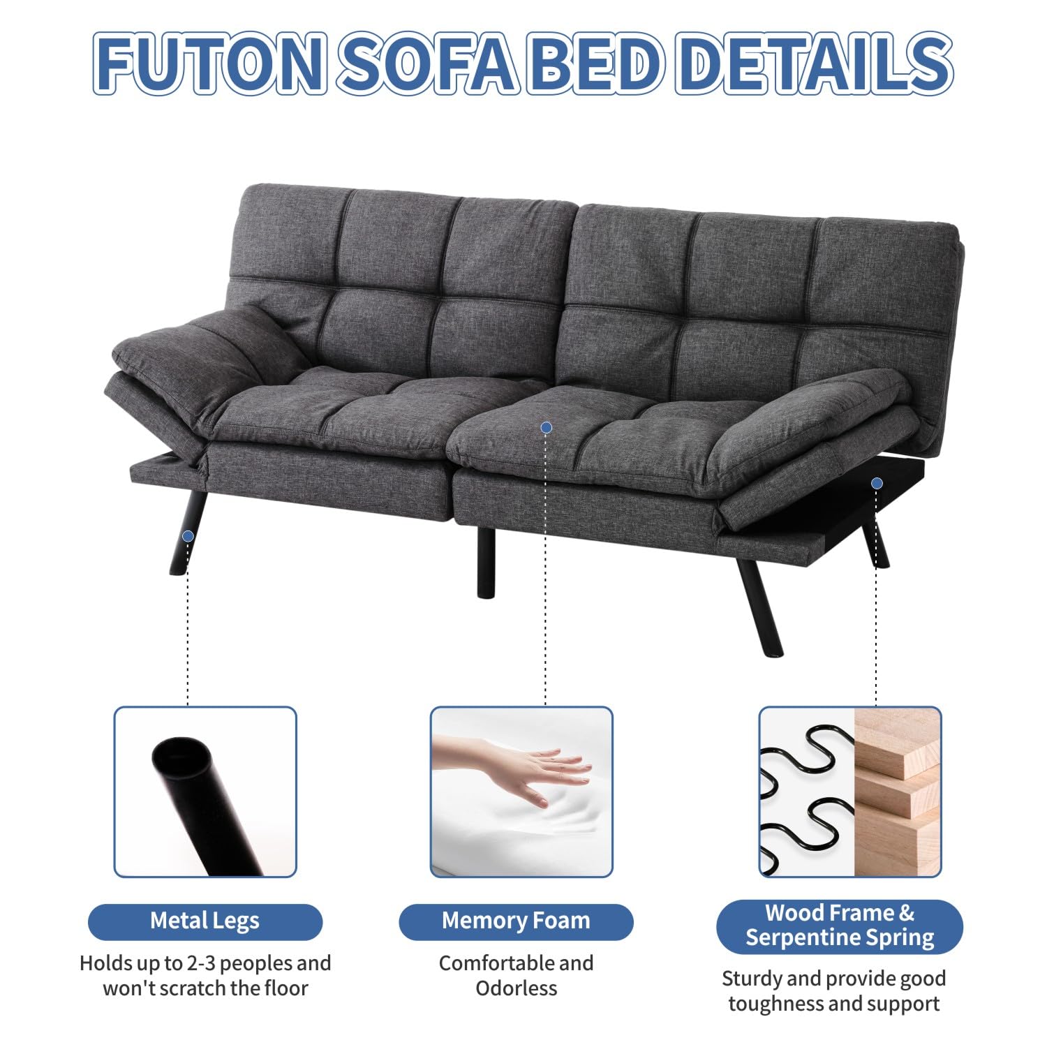 MUUEGM Futon Sofa Bed Futon Couch Leather Futon Memory Foam Futon Couch, Faux Leather Futon Couch Modern Loveseat Daybed Sofa for Living Room, Bedroom, Office, Dark Grey