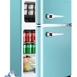 Anypro 3.2 Cu.Ft Compact Refrigerator Mini Fridge with Freezer, Retro Double Door Small Fridge with Freezer, 7 Level Thermostat & Removable Shelves, Small Refrigerator for Dorm, Office, Bedroom, Blue