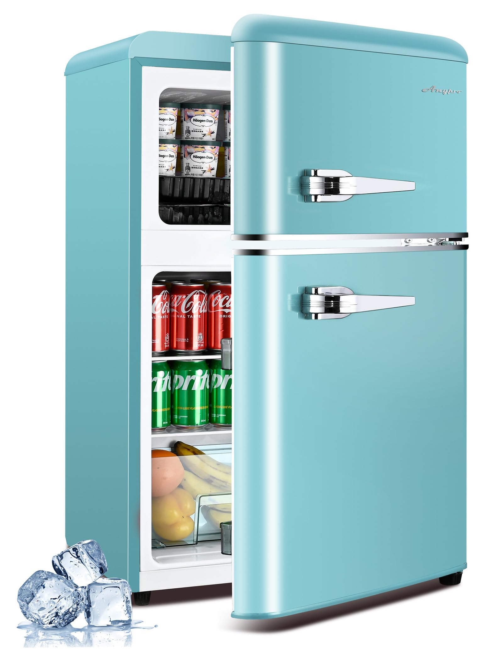 Anypro 3.2 Cu.Ft Compact Refrigerator Mini Fridge with Freezer, Retro Double Door Small Fridge with Freezer, 7 Level Thermostat & Removable Shelves, Small Refrigerator for Dorm, Office, Bedroom, Blue