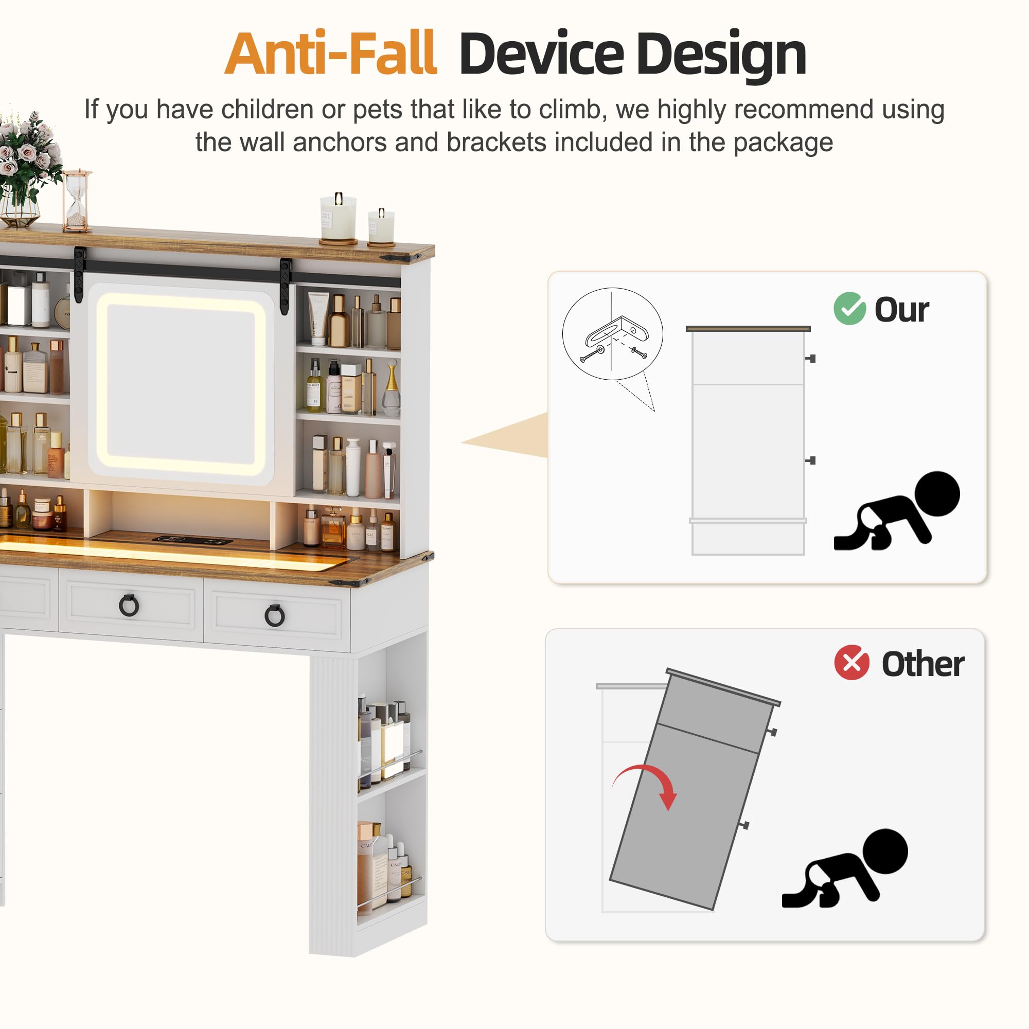 HNEBC Farmhouse Makeup Vanity Desk with Sliding Mirror and Lights,40" W Glass Tabletop Vanity Table with Charger,LED Vanity Set with Jewelry Armoire,6 Drawers,10 Shelves,Adjustable Cabinet