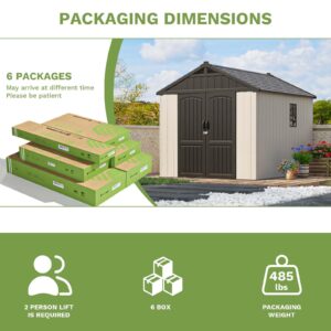 Patiowell 8 x 10 FT Resin Outdoor Storage Shed with Floor, Plastic Shed with Window and Lockable Door for Garden, Backyard, Tool Storage Use, Easy to Install in Beige (Kick-it Shed)