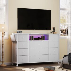 wodrawer white dresser with power outlets and led lights, dresser for bedroom with 11 drawers, dressers & chests of drawers with side pockets, fabric storage organizer