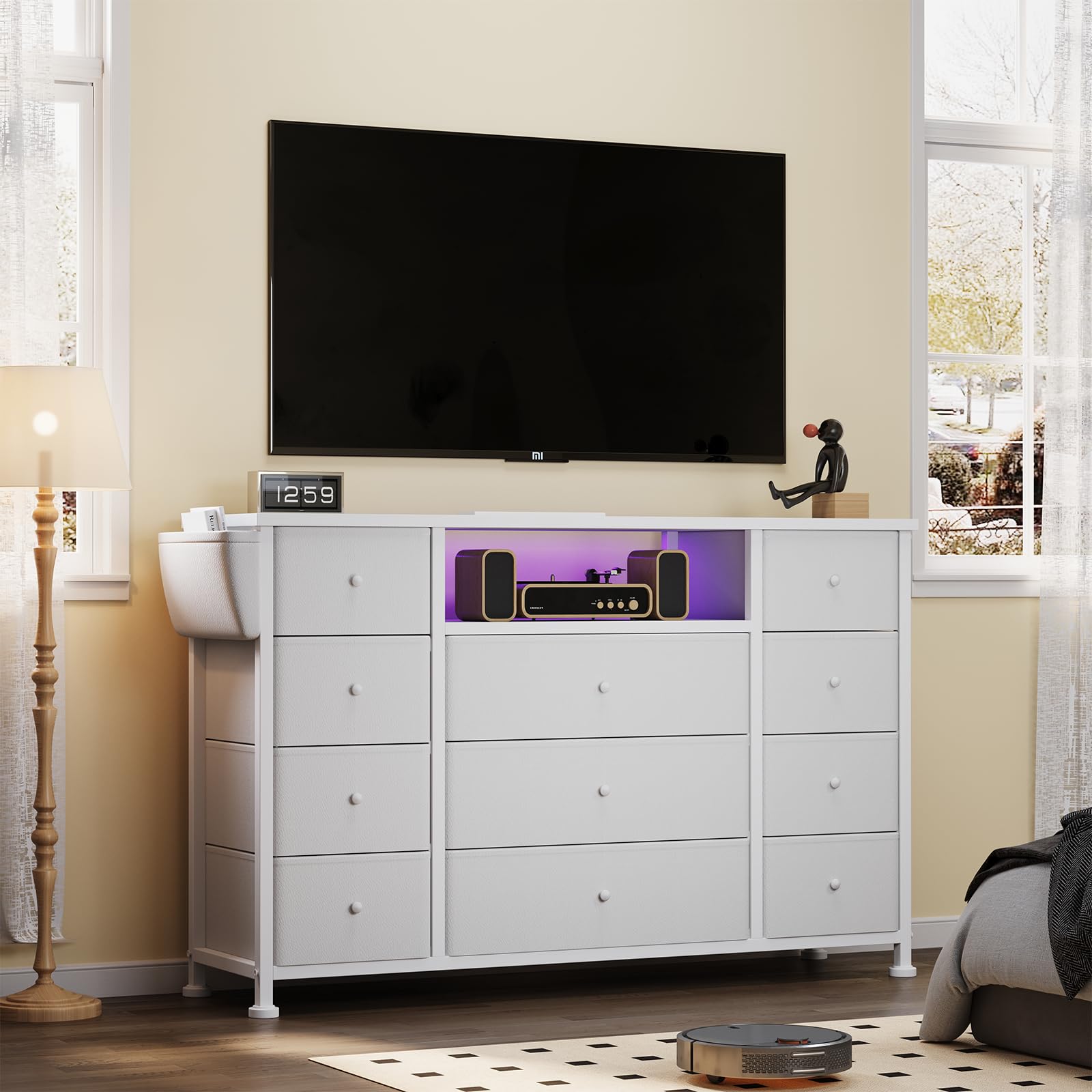 WODRAWER White Dresser with Power Outlets and LED Lights, Dresser for Bedroom with 11 Drawers, Dressers & Chests of Drawers with Side Pockets, Fabric Storage Organizer