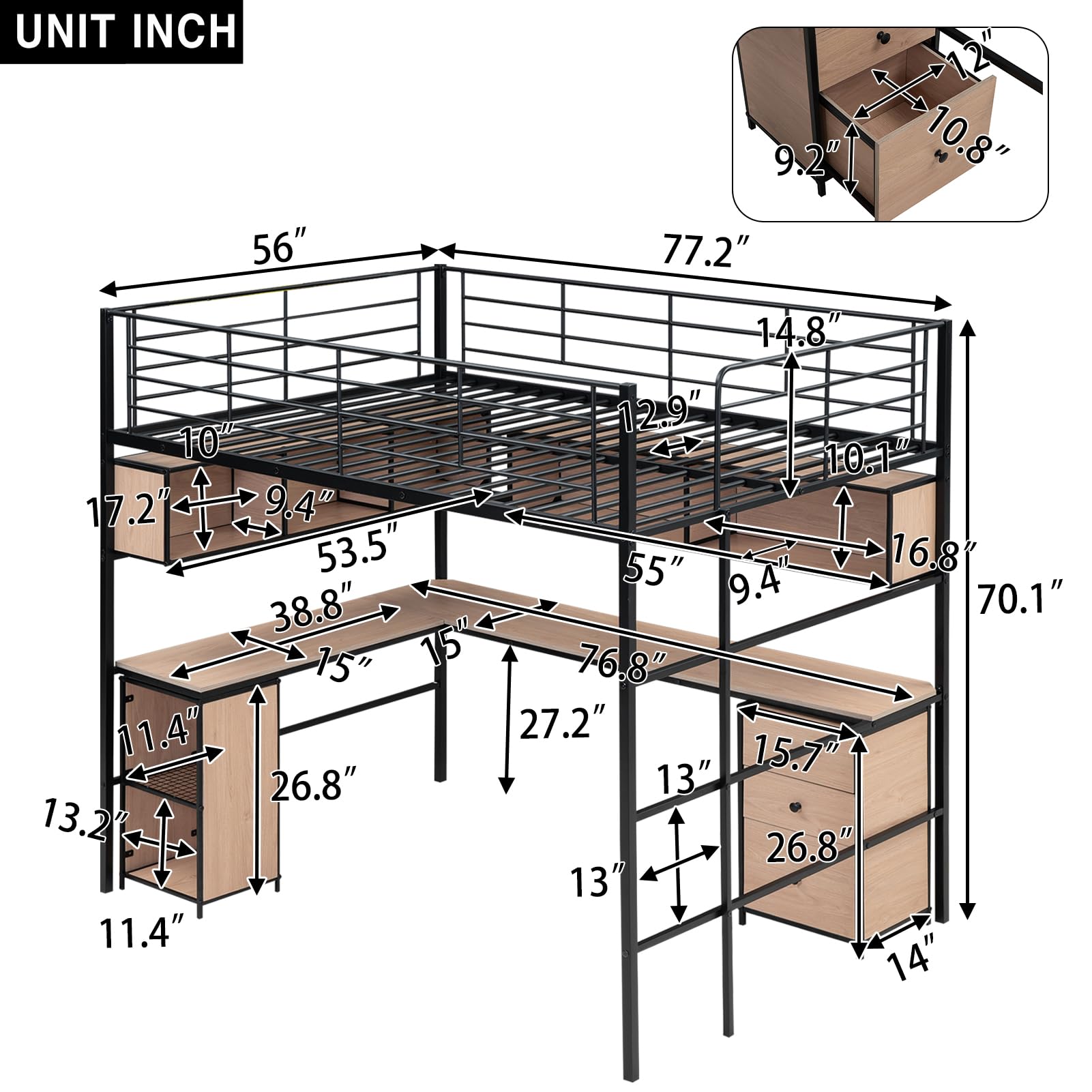 Harper & Bright Designs Full Size Metal Loft Bed with Desk, Bookcase and Storage Cabinet, Modern Heavy-Duty Steel Frame, for Kids Teens Adults (Black)