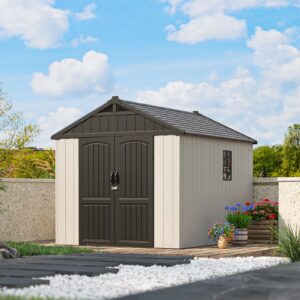 patiowell 8 x 10 ft resin outdoor storage shed with floor, plastic shed with window and lockable door for garden, backyard, tool storage use, easy to install in beige (kick-it shed)