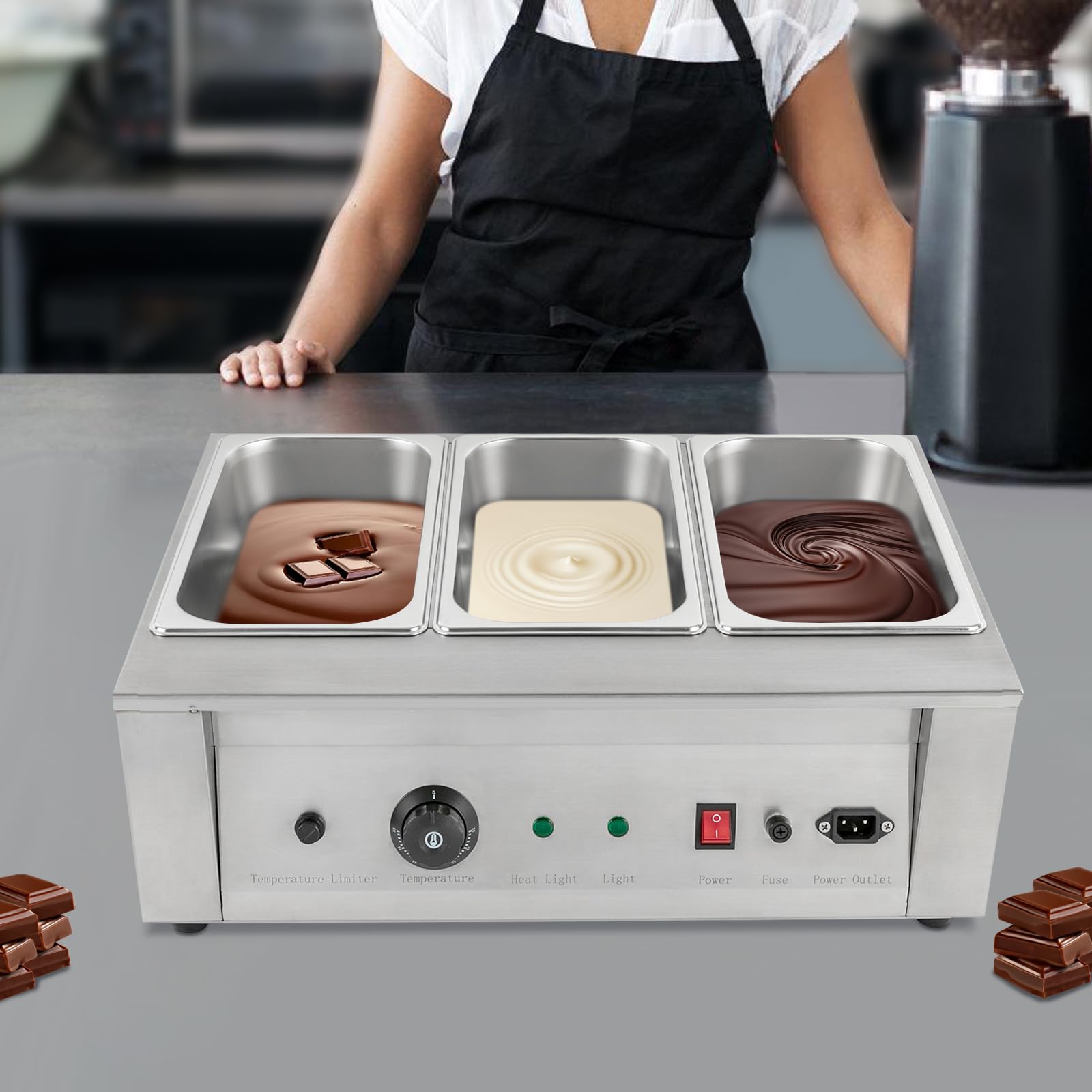 Chocolate Tempering Machine 32-176℉, 3-Pot Commercial Electric Melting, 300W Stainless Steel Food Warmer Professional Heated Chocolate Melter with Lid for Catering Restaurant Canteen Home Party