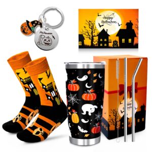 puppy go halloween gifts set, 5pcs halloween tumbler set includes 20oz tumbler with lids and straw socks keychain thanks card, cute pumpkin gift for women