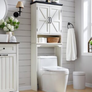 accohoho over the toilet storage cabinet, farmhouse bathroom cabinet with adjustable shelf & barn door, 67" tall over the toilet shelf, off white