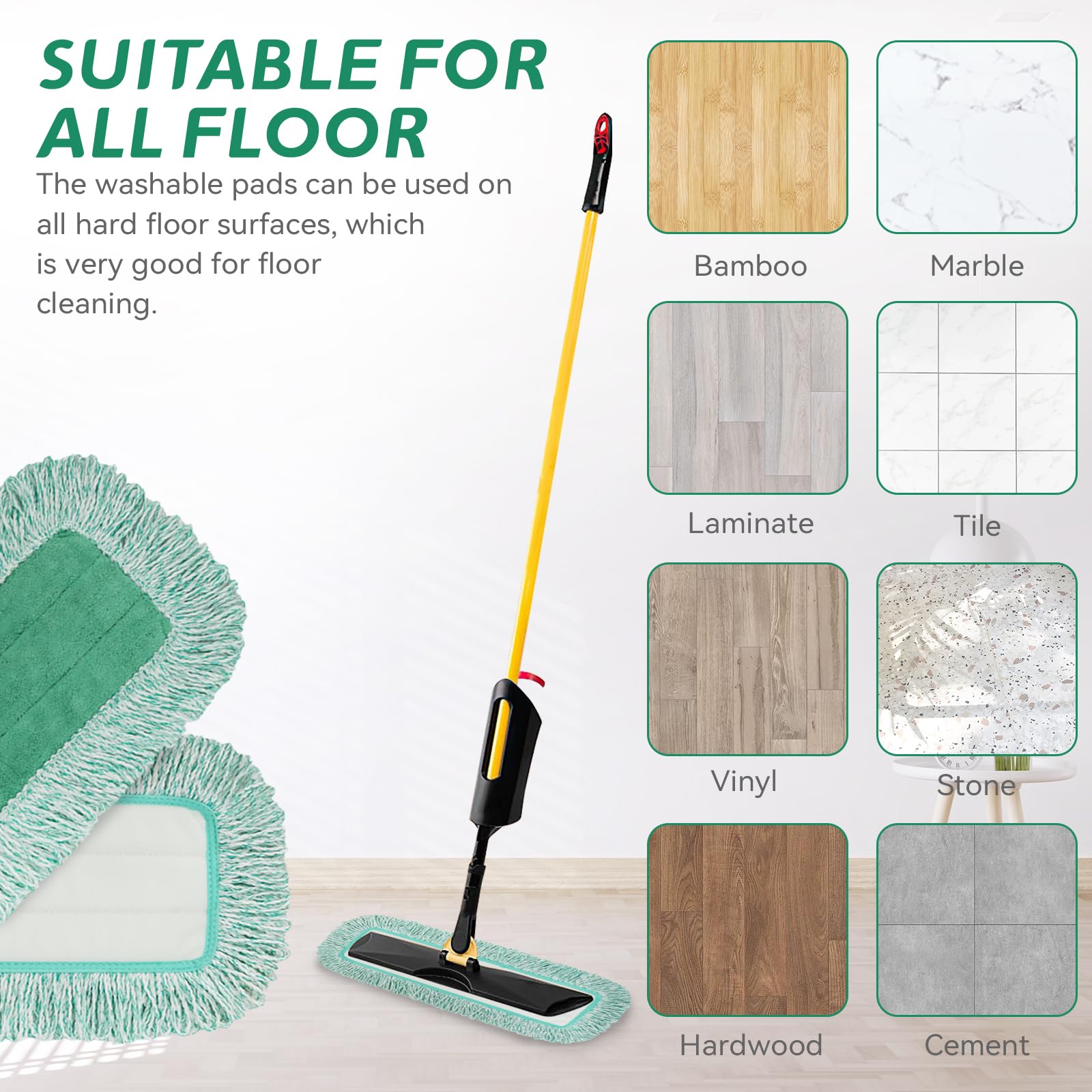 Commercial Products Dust Pad with Fringe for Rubbermaid: 18 Inch Green Microfiber Dust Mop Refills Heavy-Duty Cleaning for Hardwood/Tile/Laminated Floors in Kitchen/Lobby/Office (2 Counts)