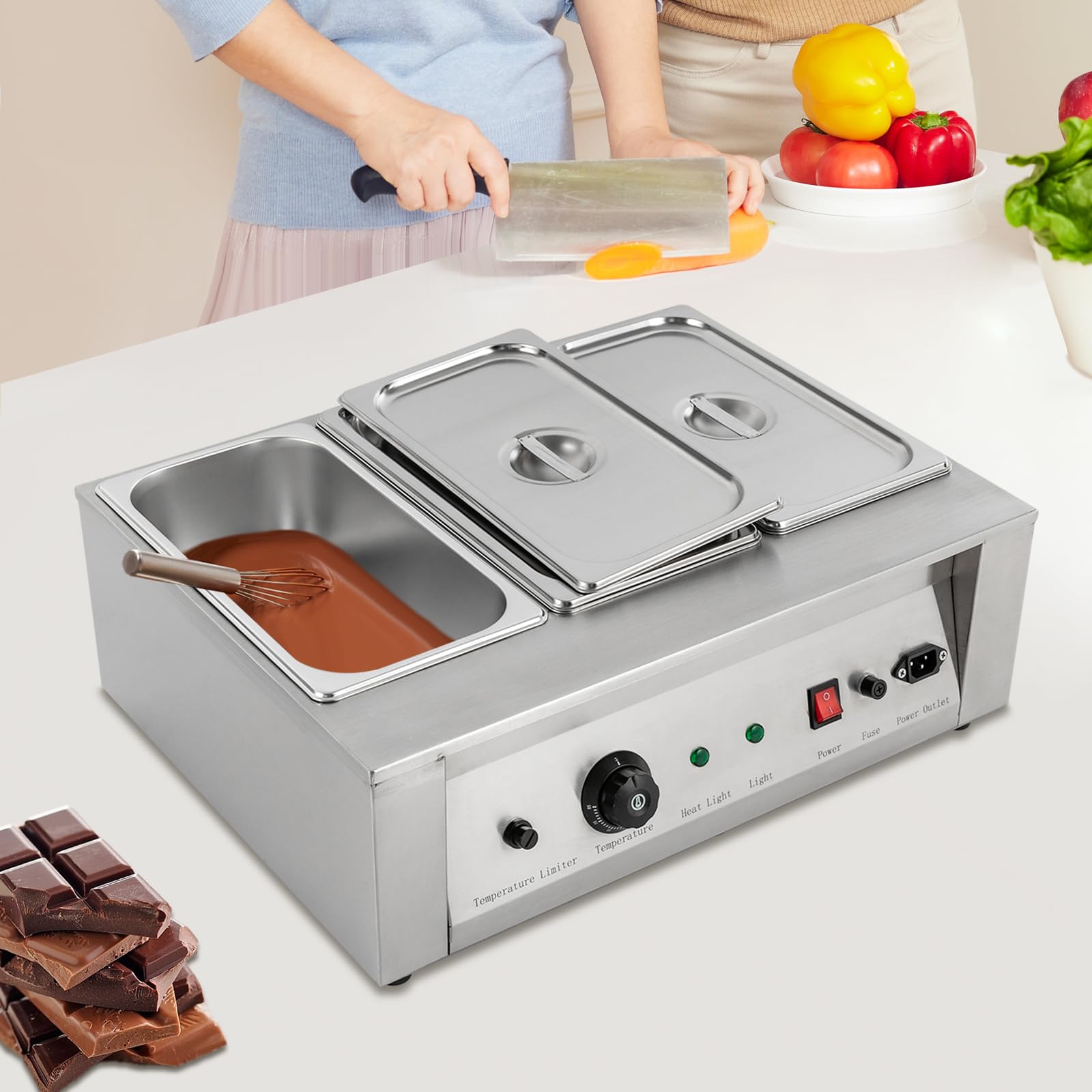 Chocolate Tempering Machine 32-176℉, 3-Pot Commercial Electric Melting, 300W Stainless Steel Food Warmer Professional Heated Chocolate Melter with Lid for Catering Restaurant Canteen Home Party