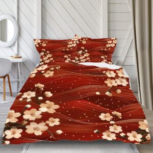 diuudi romantic blossom duvet cover king size 3d printed red background wavy lines duvet cover set white pink flowers festival gift comforter cover cozy quilt cover with 2 pillowcases