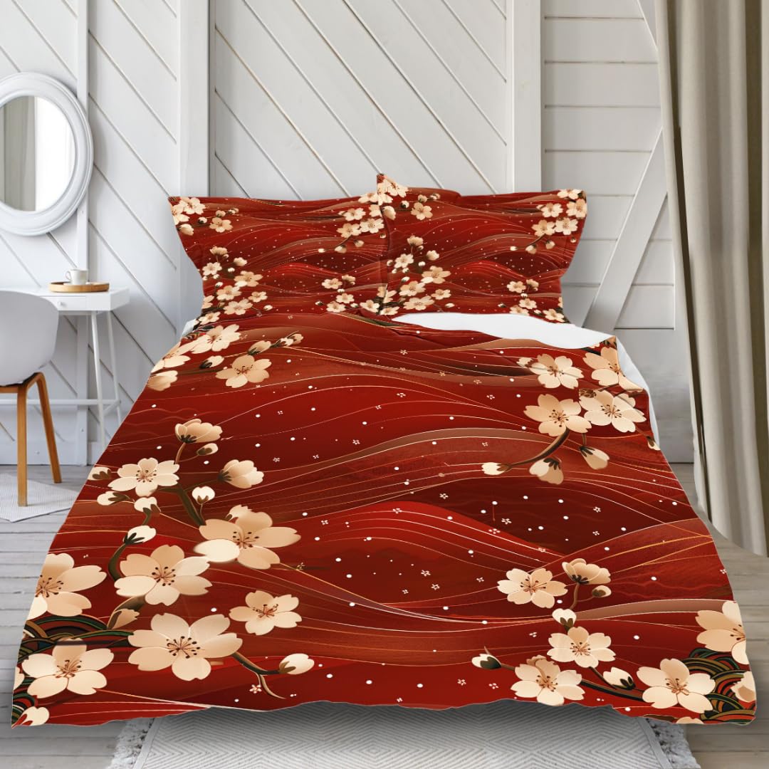 DiuuDi Romantic Blossom Duvet Cover King Size 3D Printed Red Background Wavy Lines Duvet Cover Set White Pink Flowers Festival Gift Comforter Cover Cozy Quilt Cover with 2 Pillowcases